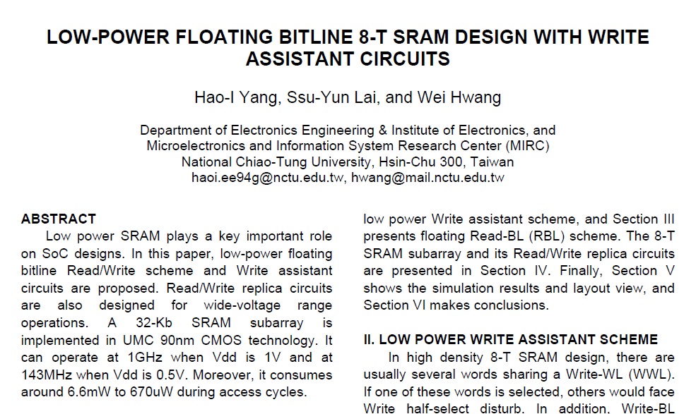 Floating Bitline 8 T Sram Design With Write Assistant Circuits
