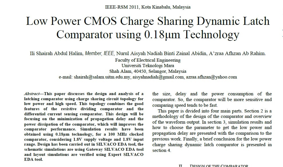 Low Power Cmos Charge Sharing Dynamic Latch Comparator Using 0 18μm Technology بانک جامع پروژه